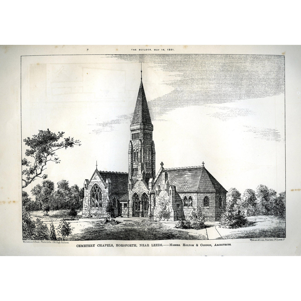 Architectural print 'Cemetery Chapel, Horsforth, Near Leeds ...